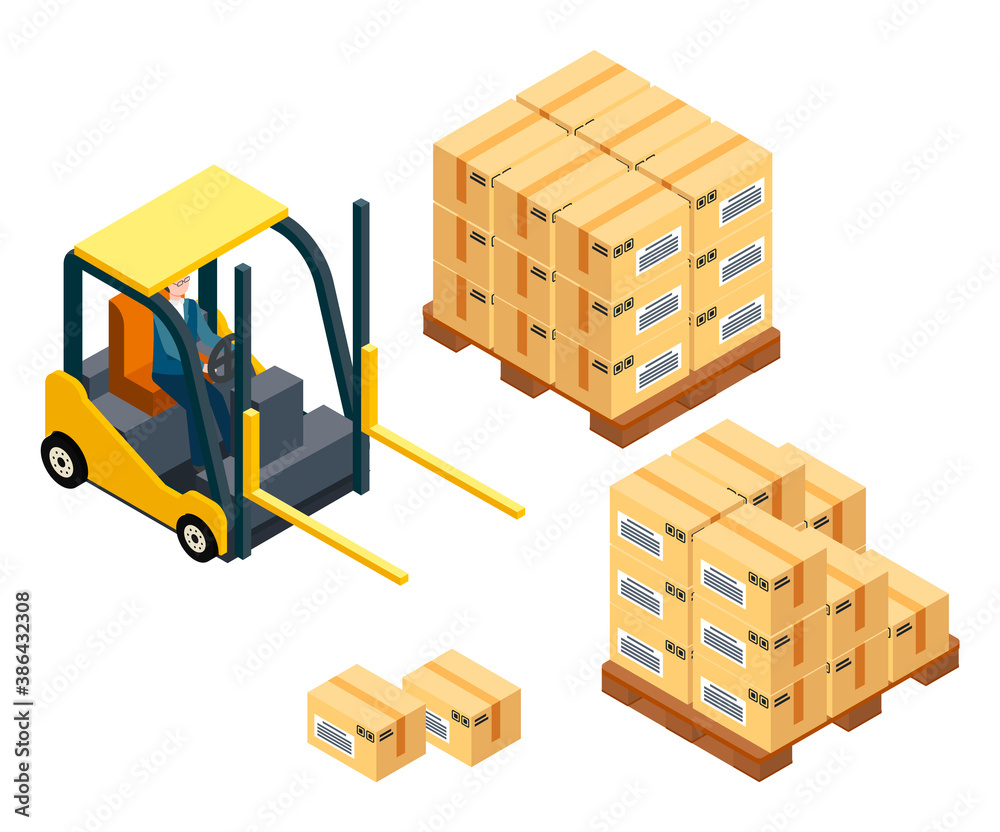 เวกเตอร์ Stock Loading boxes. Forklift machine, vehicle for loading ...