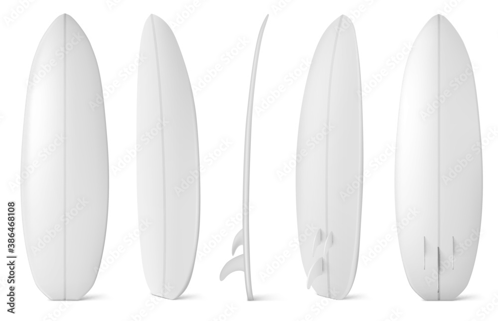 White surfboard front, side and back view. Vector realistic mockup of ...