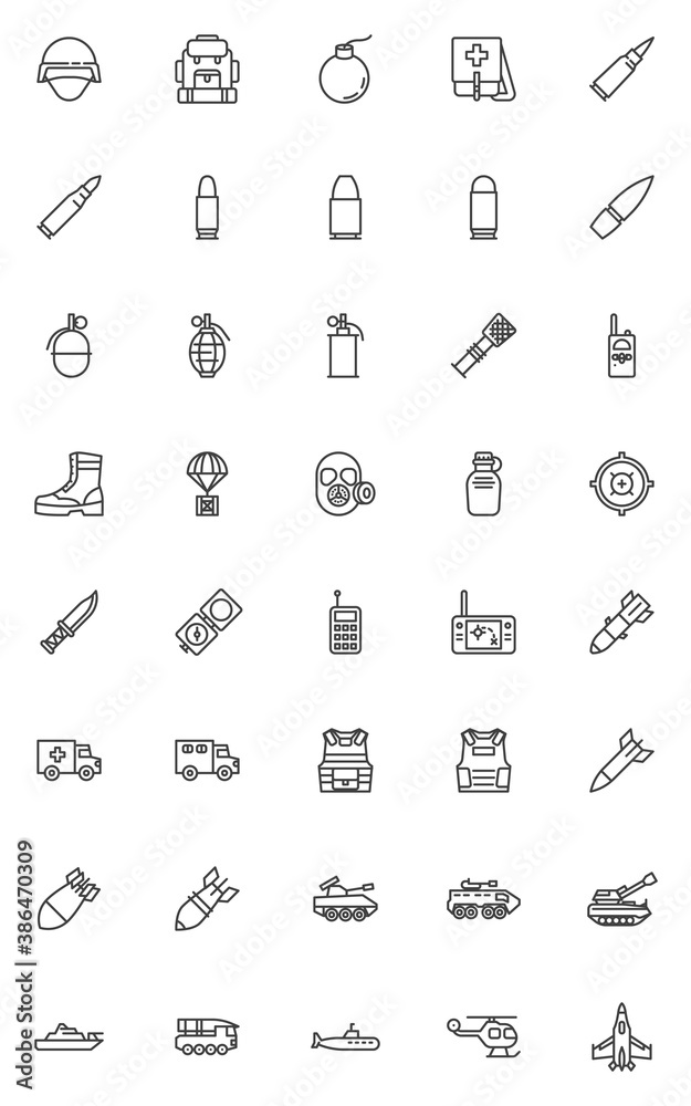 Vettoriale stock di Military and army line icons set. linear style ...