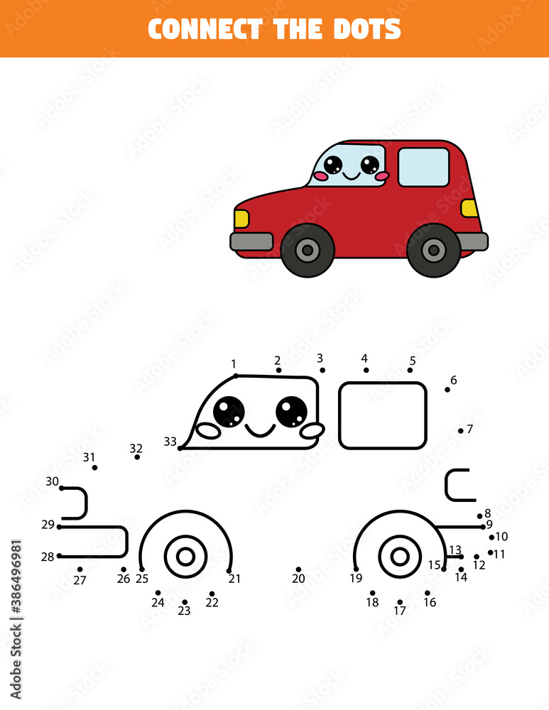 Educational dot to dot game for preschool kids. Cute kawaii red car ...