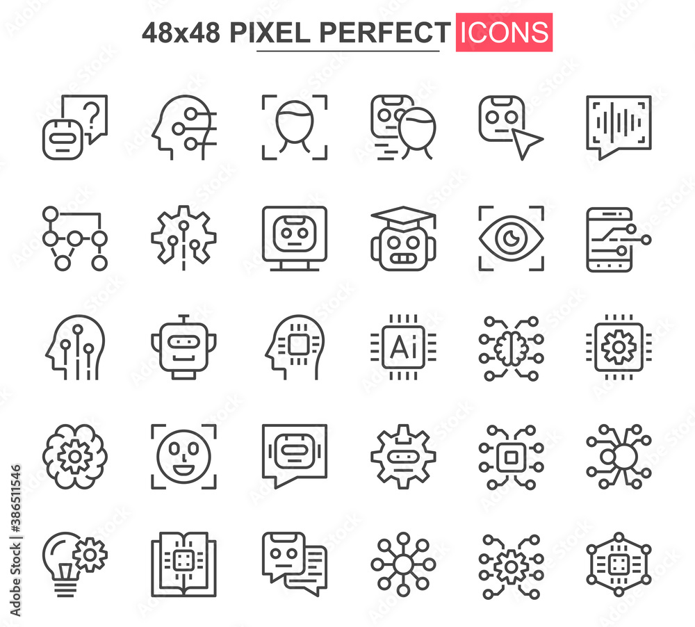 Artificial intelligence thin line icon set. Machine learning outline ...