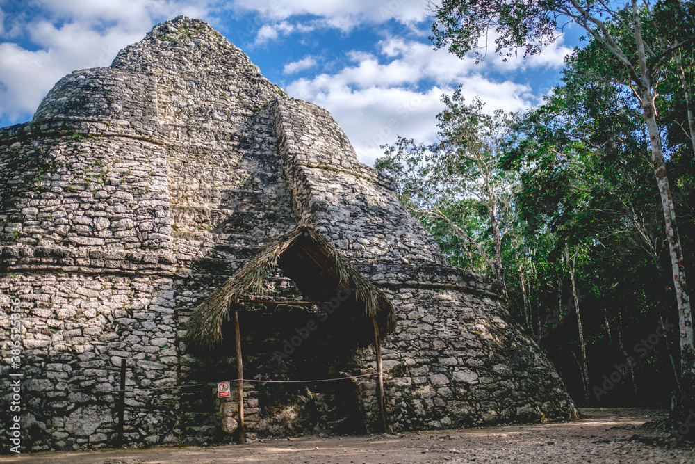 Old stone pyramid ruins at the Mayan archeological site at Coba, Mexico ...