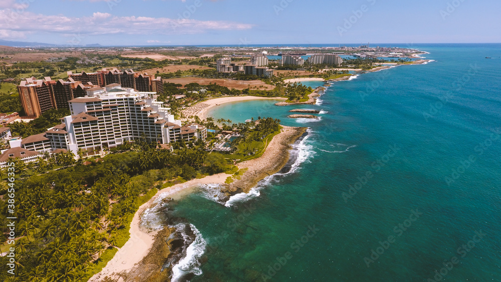 Aerial Ko Olina Resort, West Oahu coastline, Hawaii. Aulani, a Disney ...