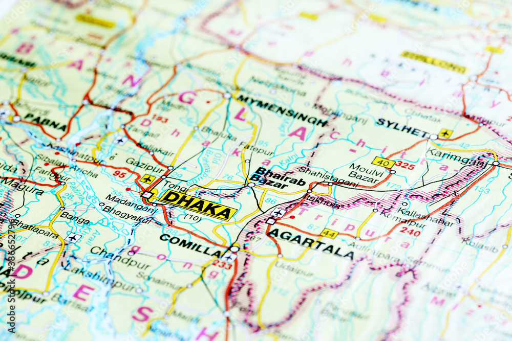 Dhaka Dacca road map area. Closeup macro view Stock Photo | Adobe Stock
