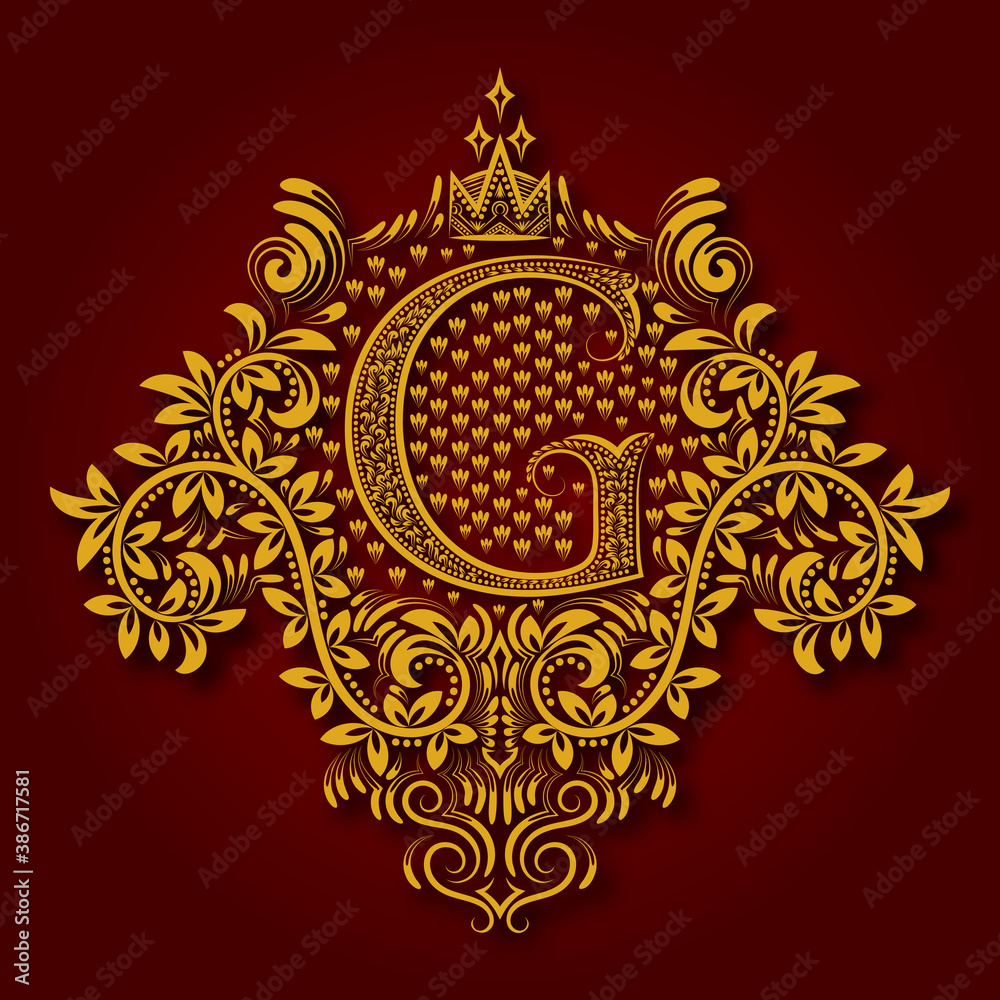 Letter G heraldic monogram in coats of arms form. Vintage golden logo ...