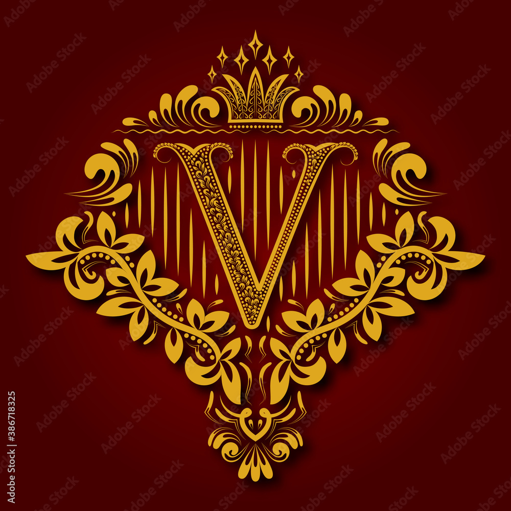 Letter V heraldic monogram in coats of arms form. Vintage golden logo ...