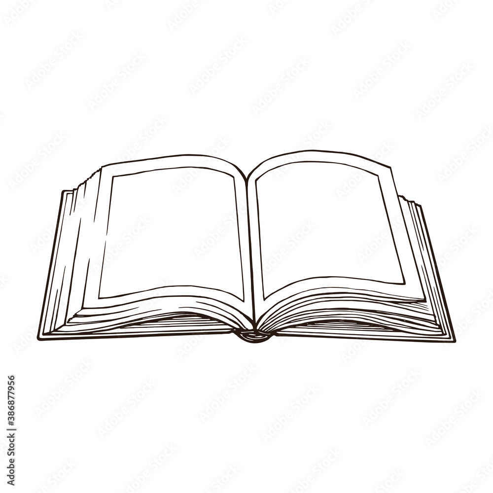 Open book, hand drawn outline. Drawn with pen and ink and converted to ...