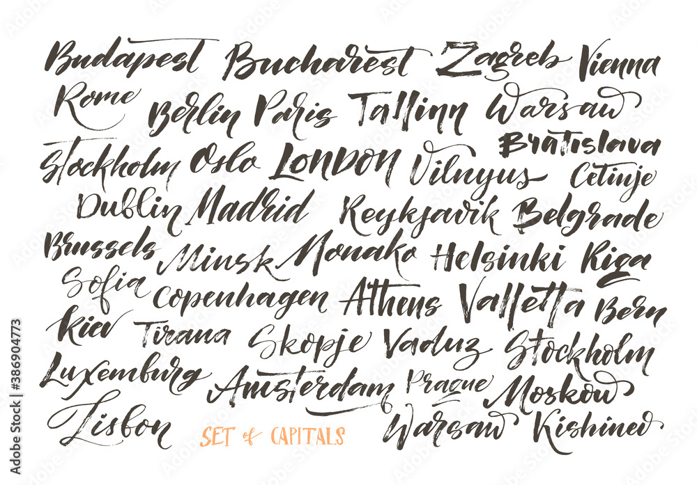 Seamless pattern with european capitals. Hand drawn lettering ...