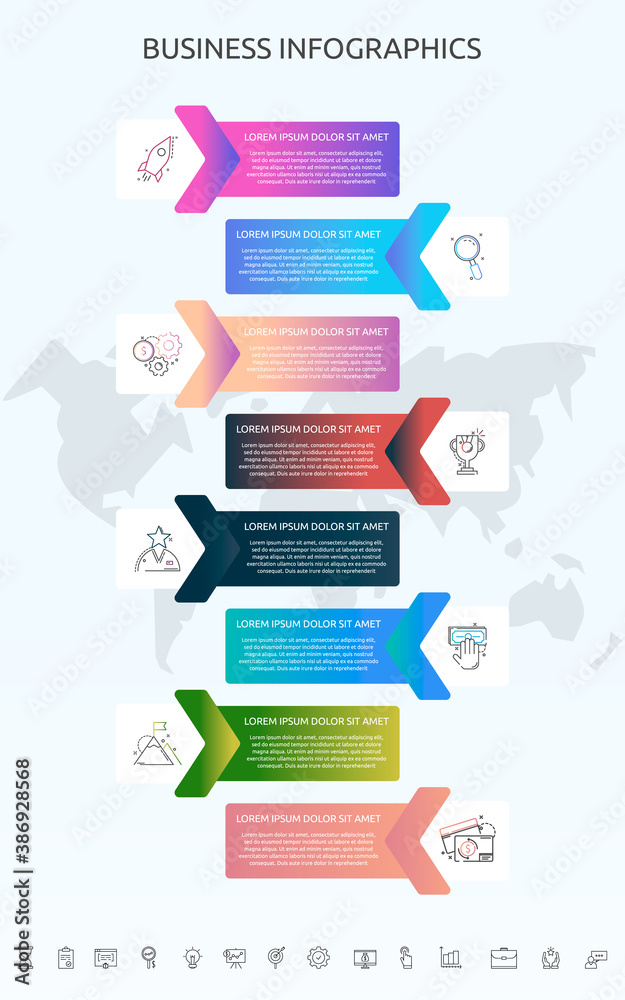 Infographics rectangle with eight arrows, icons. Vector template used ...