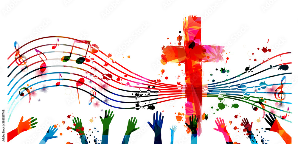 Colorful christian cross with music notes and hands isolated vector ...