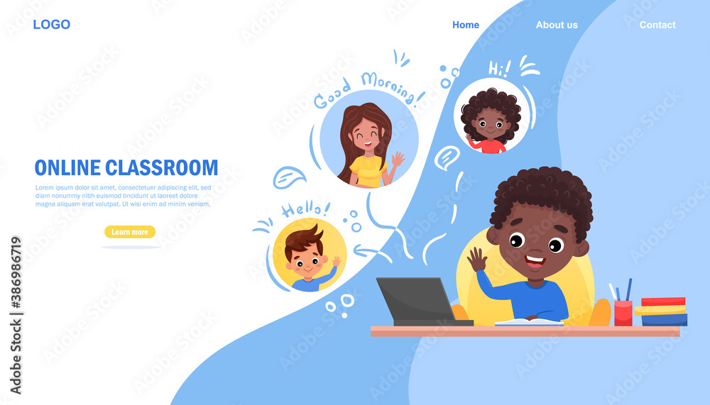 Digital Classroom Online Education website template, background. Afro ...