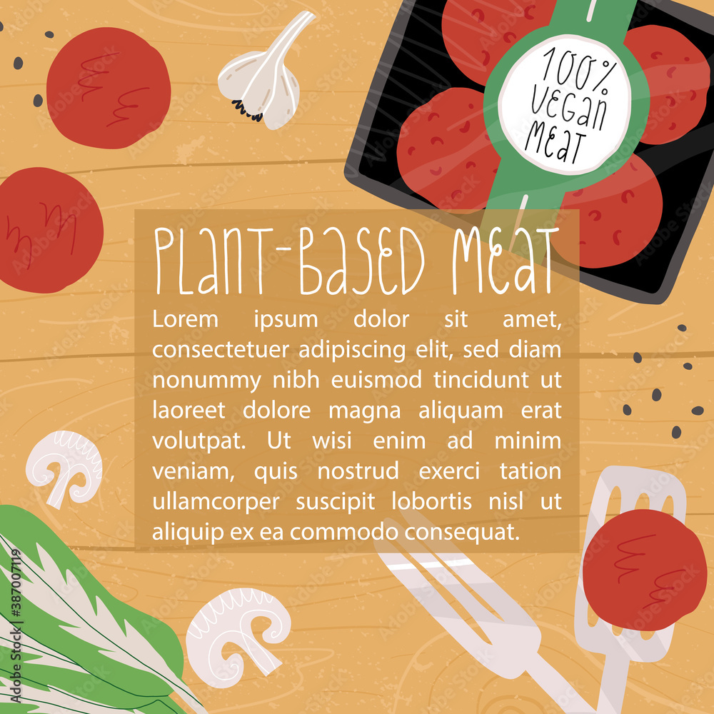 Plant-based meat banner template. Vegetable burger patties pack ...