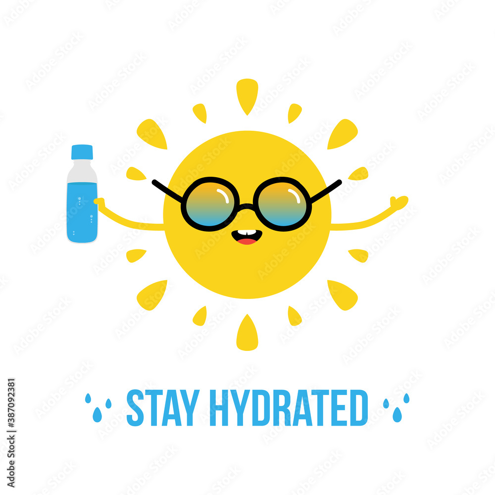 Cute cartoon vector sun character in sunglasses holding a bottle of ...