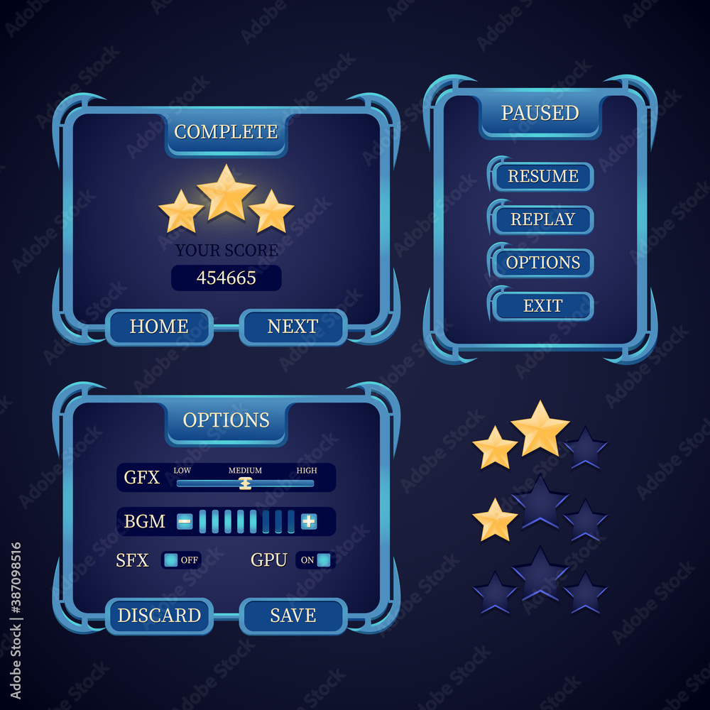 Game ui kit. Fantasy game ui rpg pop up and victory star for 2d rpg ...