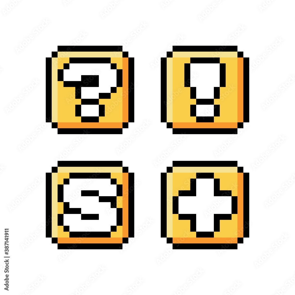 Pixel art 8-bit golden boxes set. Question mark, exclamation mark ...