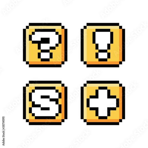 Pixel art 8-bit golden boxes set. Question mark, exclamation mark ...