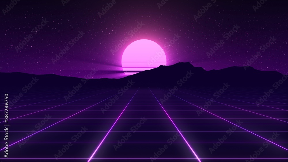 80s Retro Background Illustartion with 3D Render elements. Retro wave ...