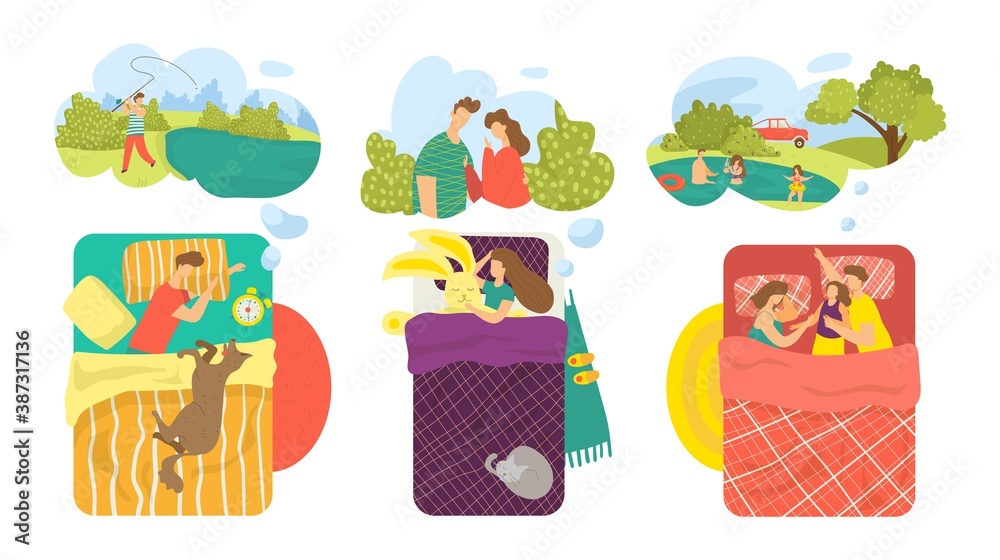 Bed set, night dream in bedroom vector illustration. Man woman flat ...