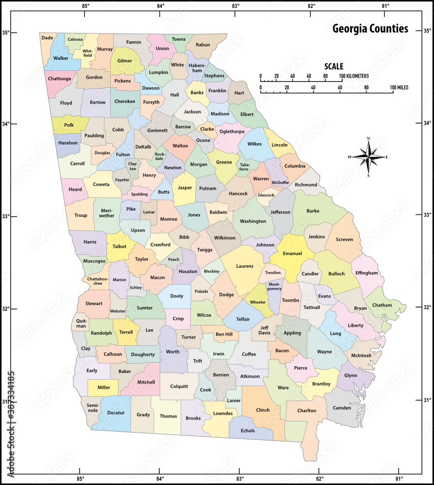 Georgia state outline administrative and political vector map in color ...