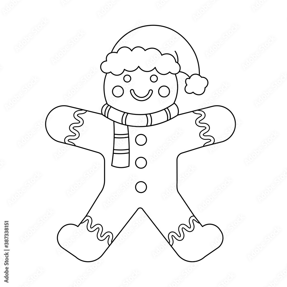 Coloring page of a cute cartoon gingerbread in a Christmas hat. Vector ...
