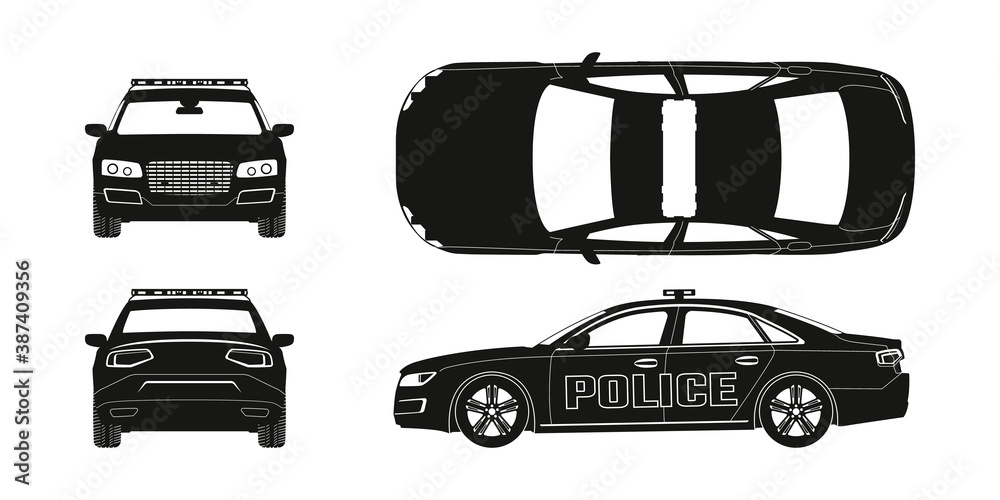 Vector de Stock Black silhouette of police car. Front, side, back and ...