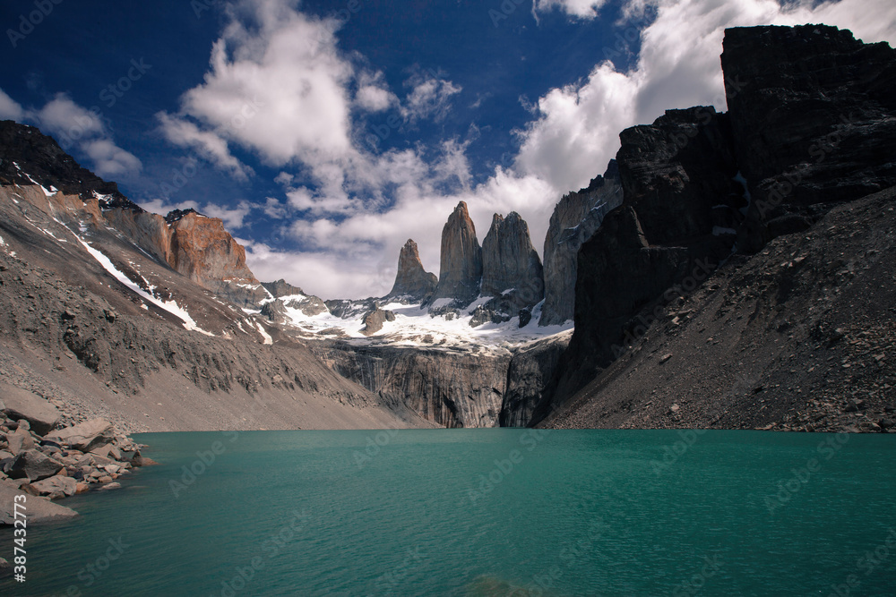 Torres Del Paine National Park in Chile, South America. The three ...