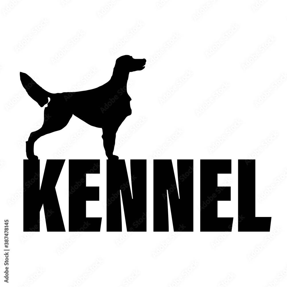 Monochrome logo of the kennel of dogs breed irish setter. The text logo ...