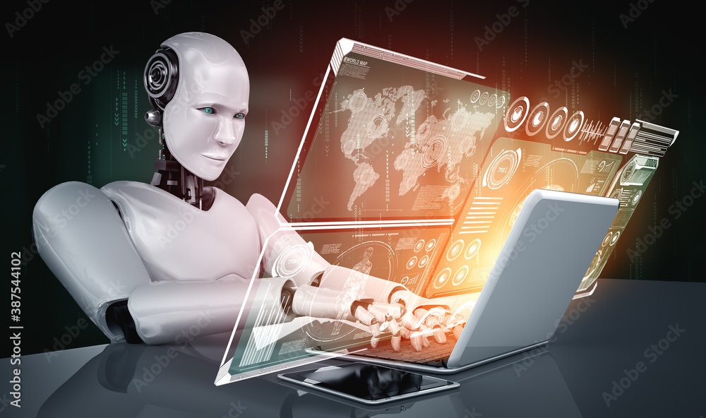 Ilustración de Stock Robot humanoid use laptop and sit at table for big data analytic using AI ...