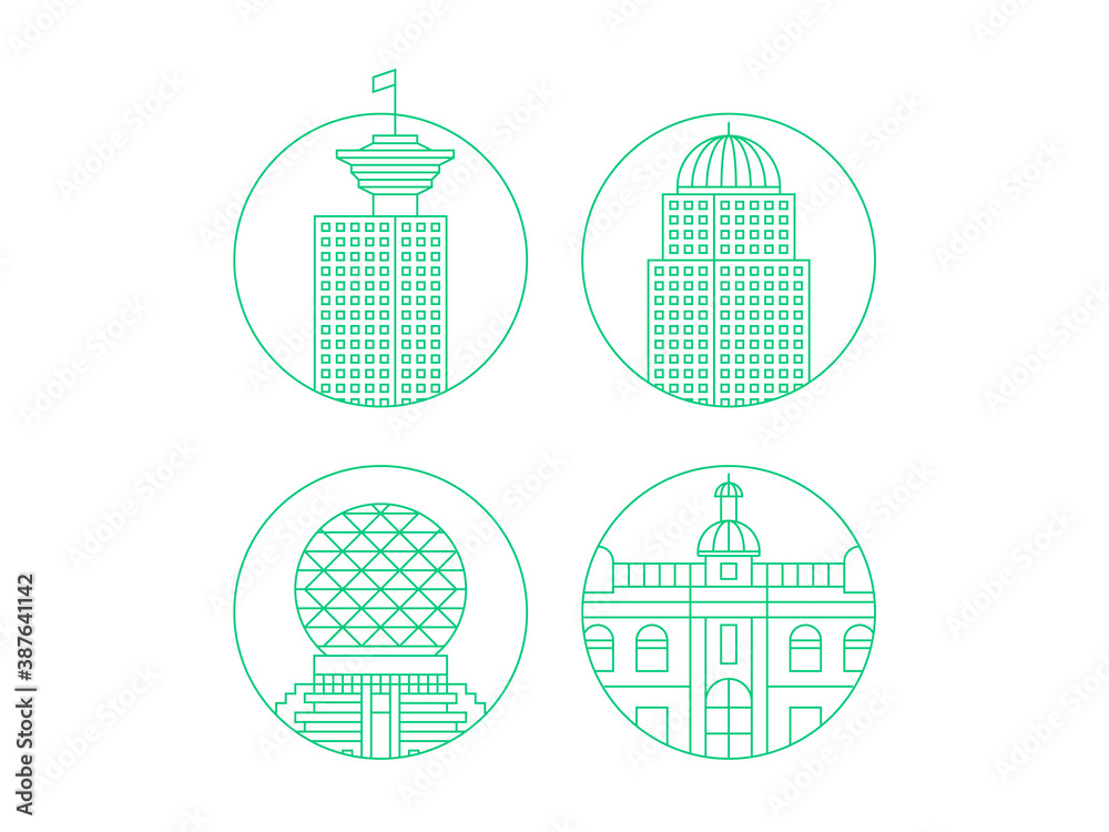 Vancouver famous attractions cityscape buildings icon set, monoline ...