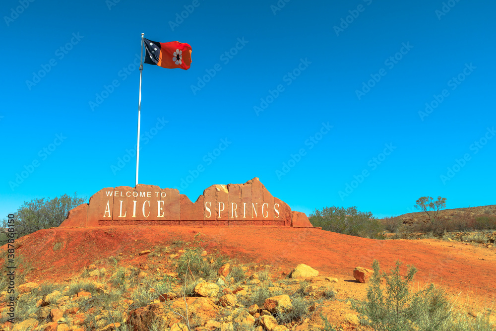 Alice Springs Welcome Sign and Australian Flag of Northern Territory in ...