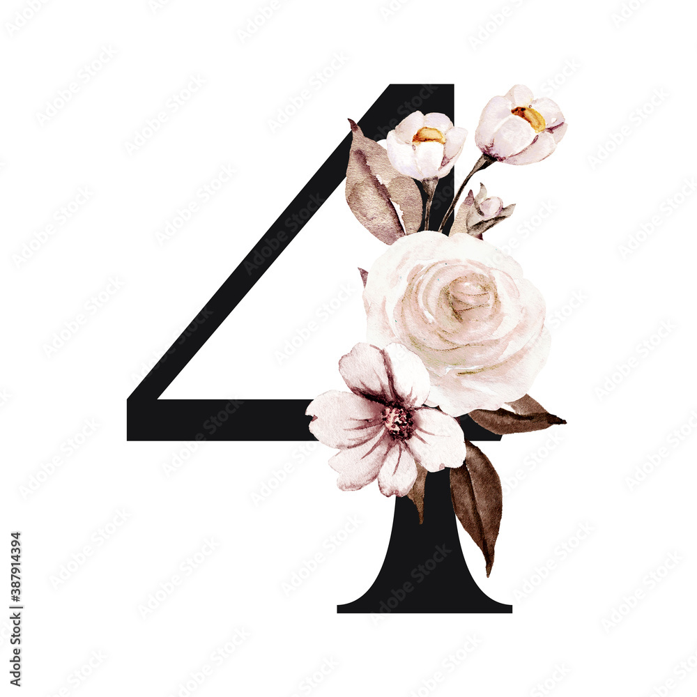 Ilustración de Stock Number 4 with watercolor flowers roses hand ...