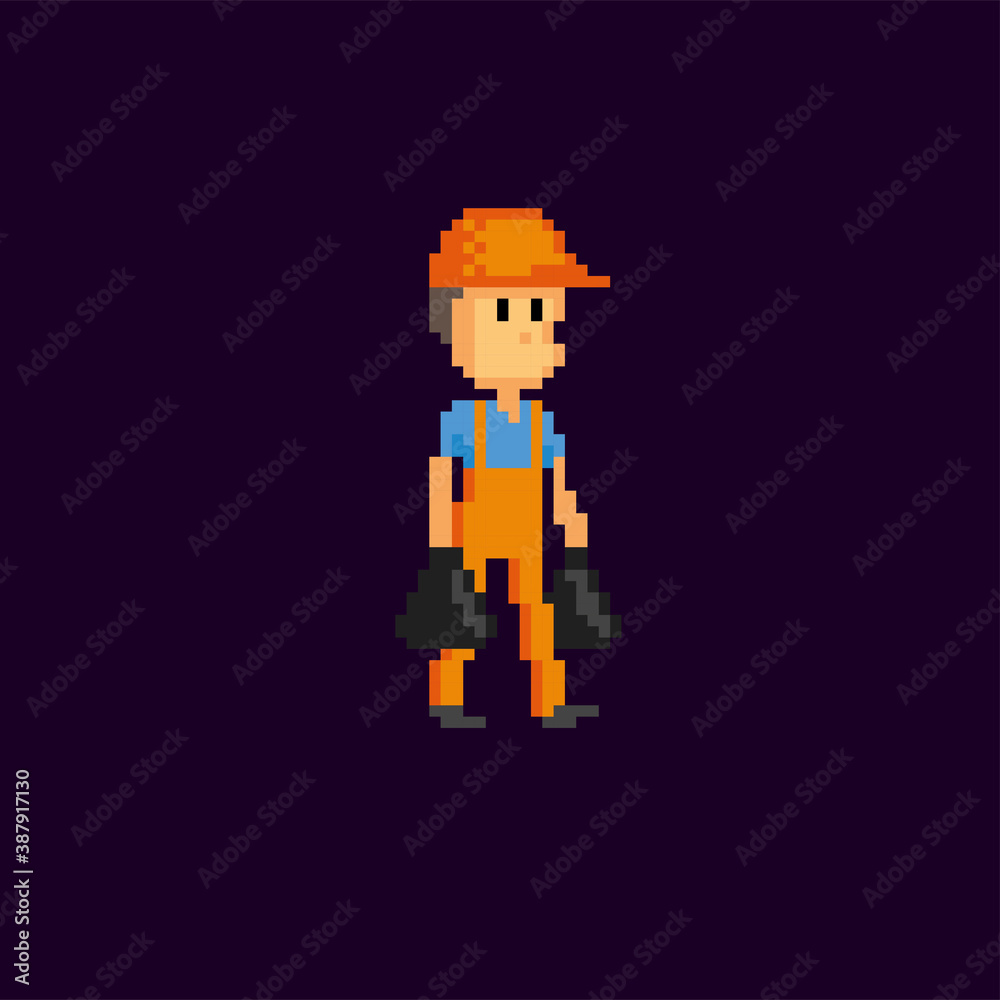 Vector de Stock Janitor, garbage collector carries garbage bags pixel ...