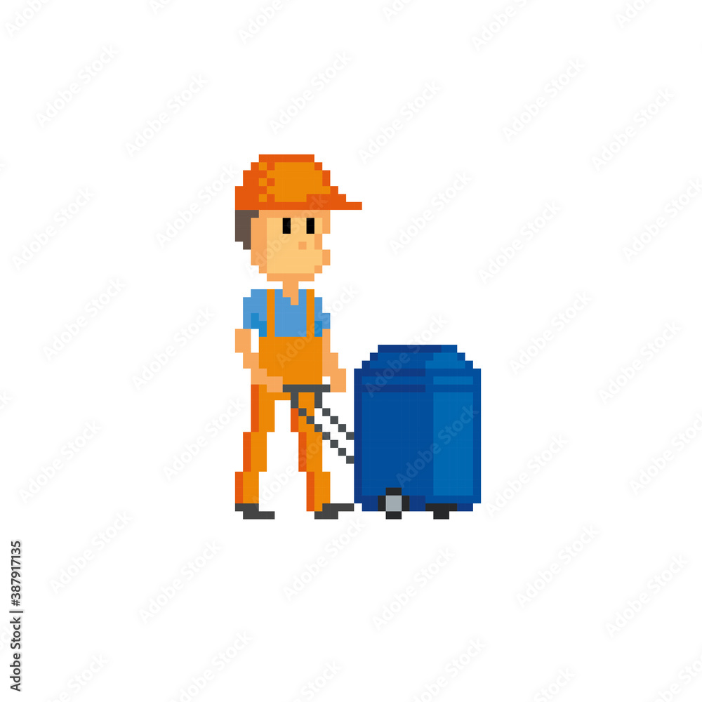 Garbage collector moves a trash can. pixel art icon. Element design for ...