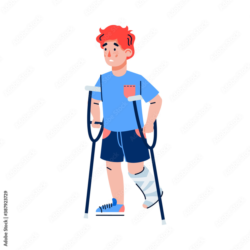 Little boy with fracture of leg on crutches, flat cartoon vector ...