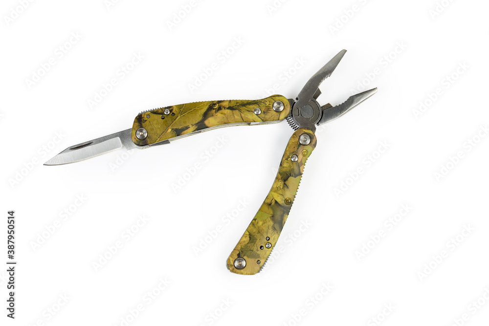 Multi-tool in balisong-style with open pliers and knife Stock Photo ...