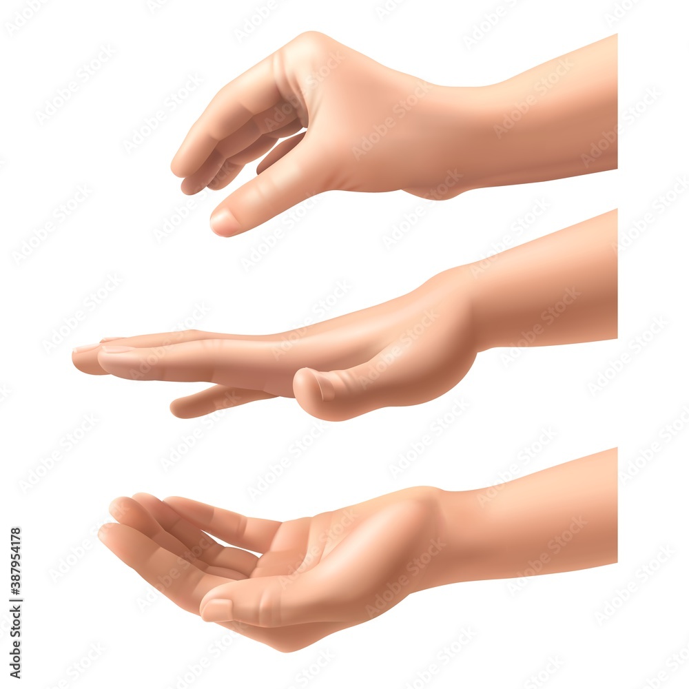 Realistic hands. Woman various gestures hand holding, extrusion and ...