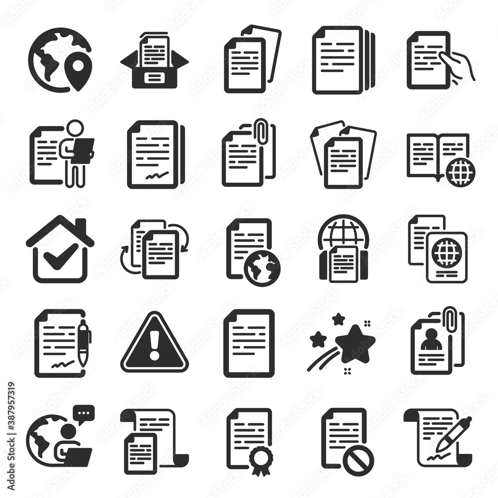 Documents icons. Copy files, Contract agreement, Passport. CV interview ...