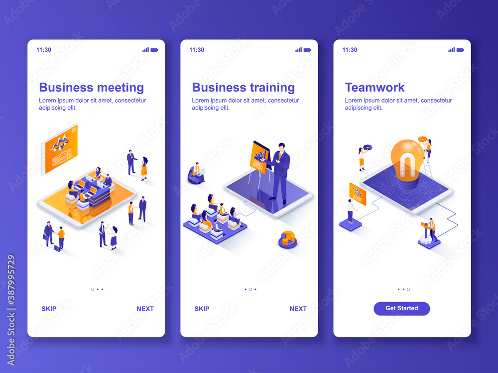 Vektor Business meeting isometric GUI design kit. Business training and ...