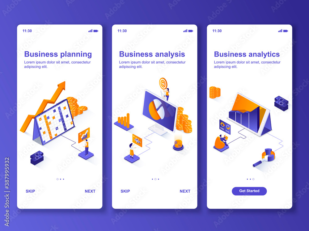 Vector de Stock Business analytics isometric GUI design kit. Business ...
