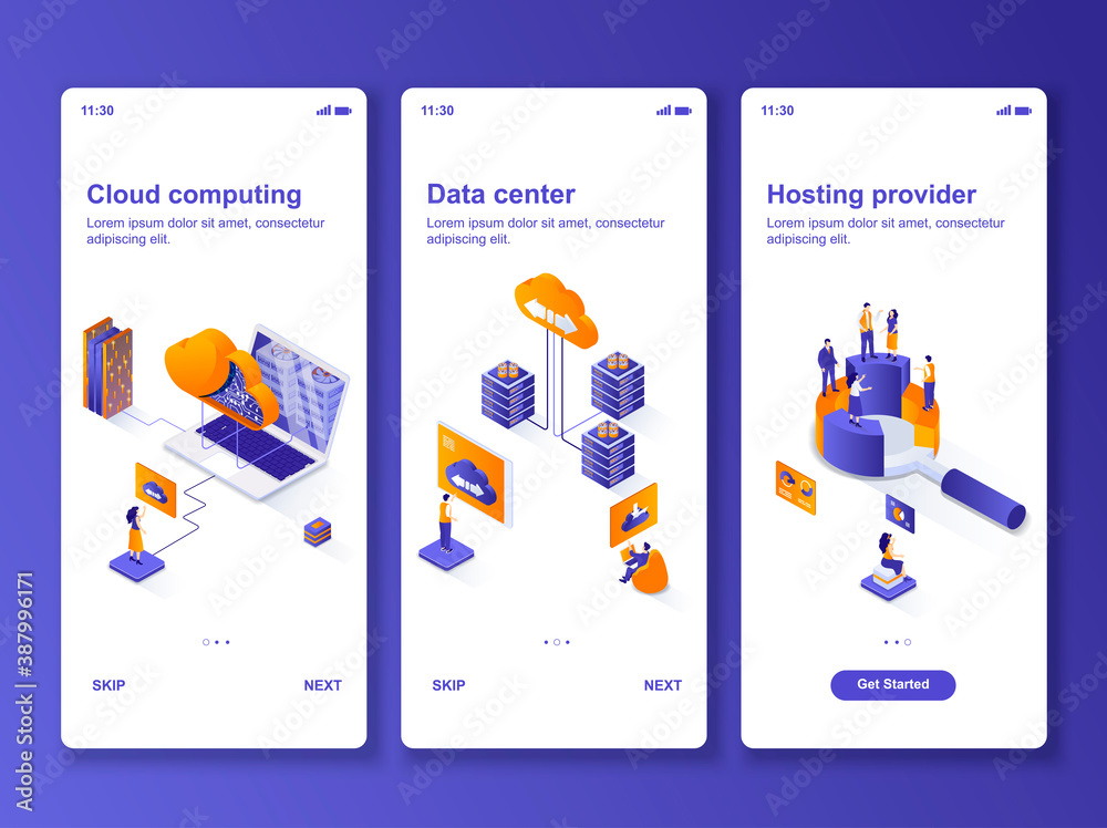 Data center isometric GUI design kit. Cloud computing, hosting provider ...