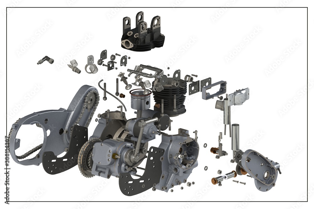 3D design of a motorcycle engine with exploded view. Stock Illustration ...
