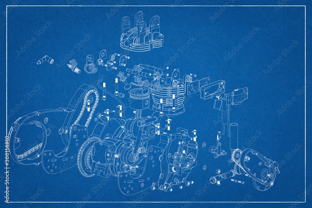 3D design of a motorcycle engine with exploded view. Stock Illustration ...