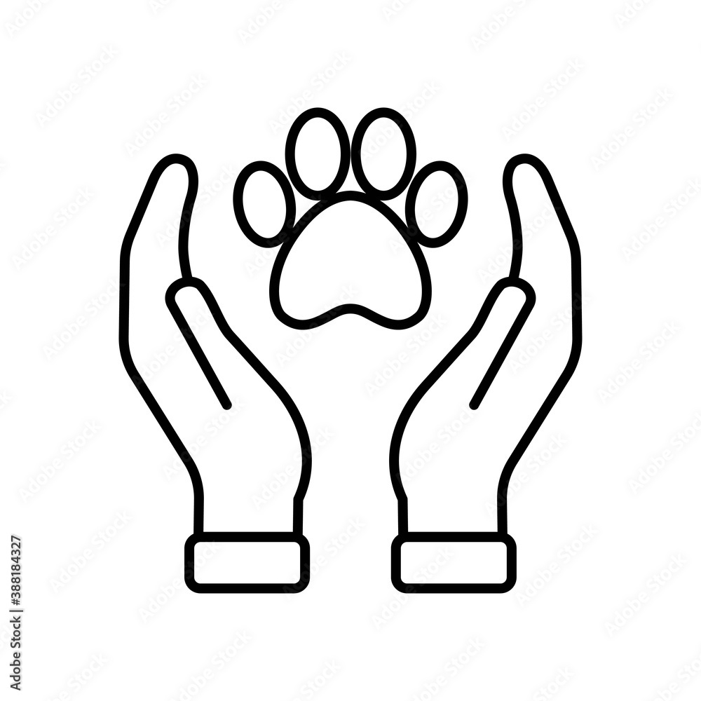 Vector Pet Care icon, hands holding paw, flat illustration symbol on ...