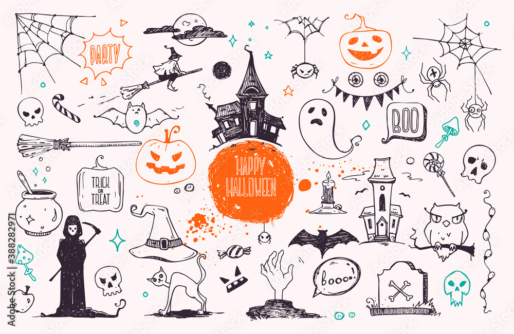 Halloween doodle style illustrations. Hand drawn traditional symbols ...