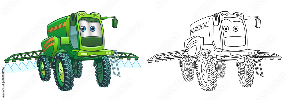 Vetor Coloring page with crop irrigation machine. Line art drawing for ...
