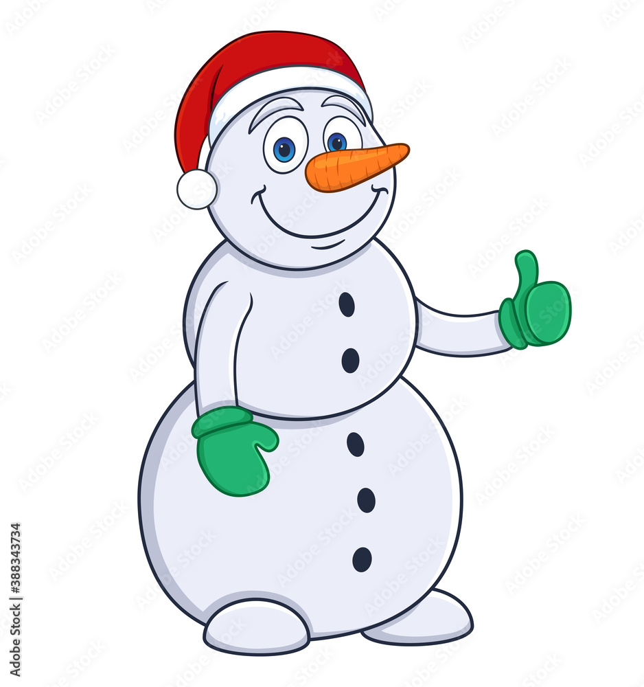 cartoon snowman in a Christmas cap, shows Like. isolated on white ...