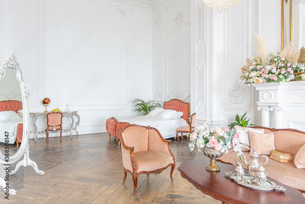 royal baroque style luxury posh interior of large room. extra white ...