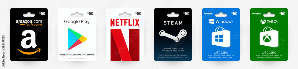 Set gift card Amazon, Google, Netflix, Steam, Windows, Xbox. Realistic ...