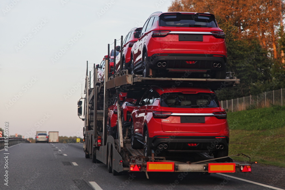 Loaded two level car carrier truck with car transporter semi trailer ...