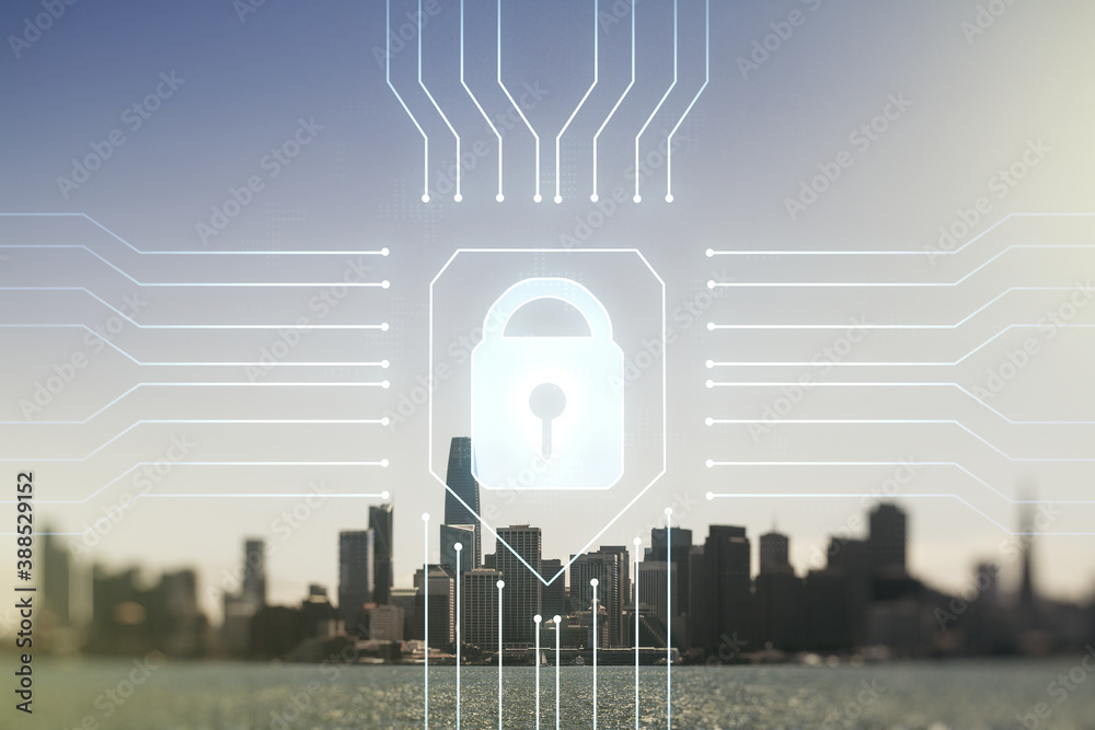 Virtual creative lock sketch with chip hologram on San Francisco office ...